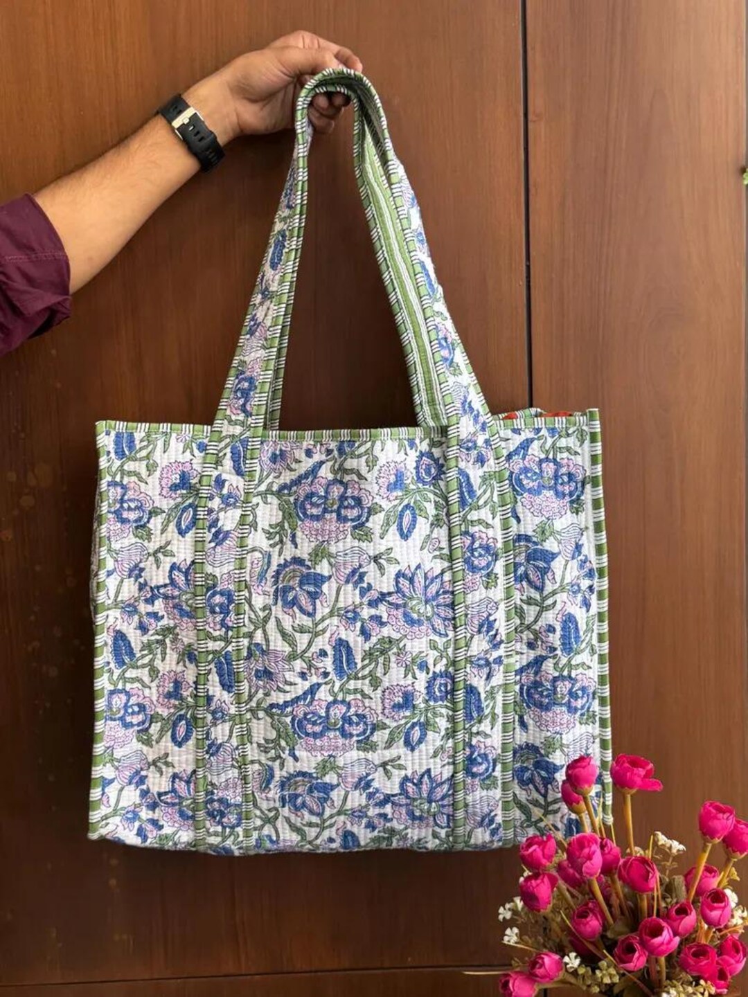 Block Printed Tote Bag, Quilted Hand Luggage Bag, Eco Friendly ...