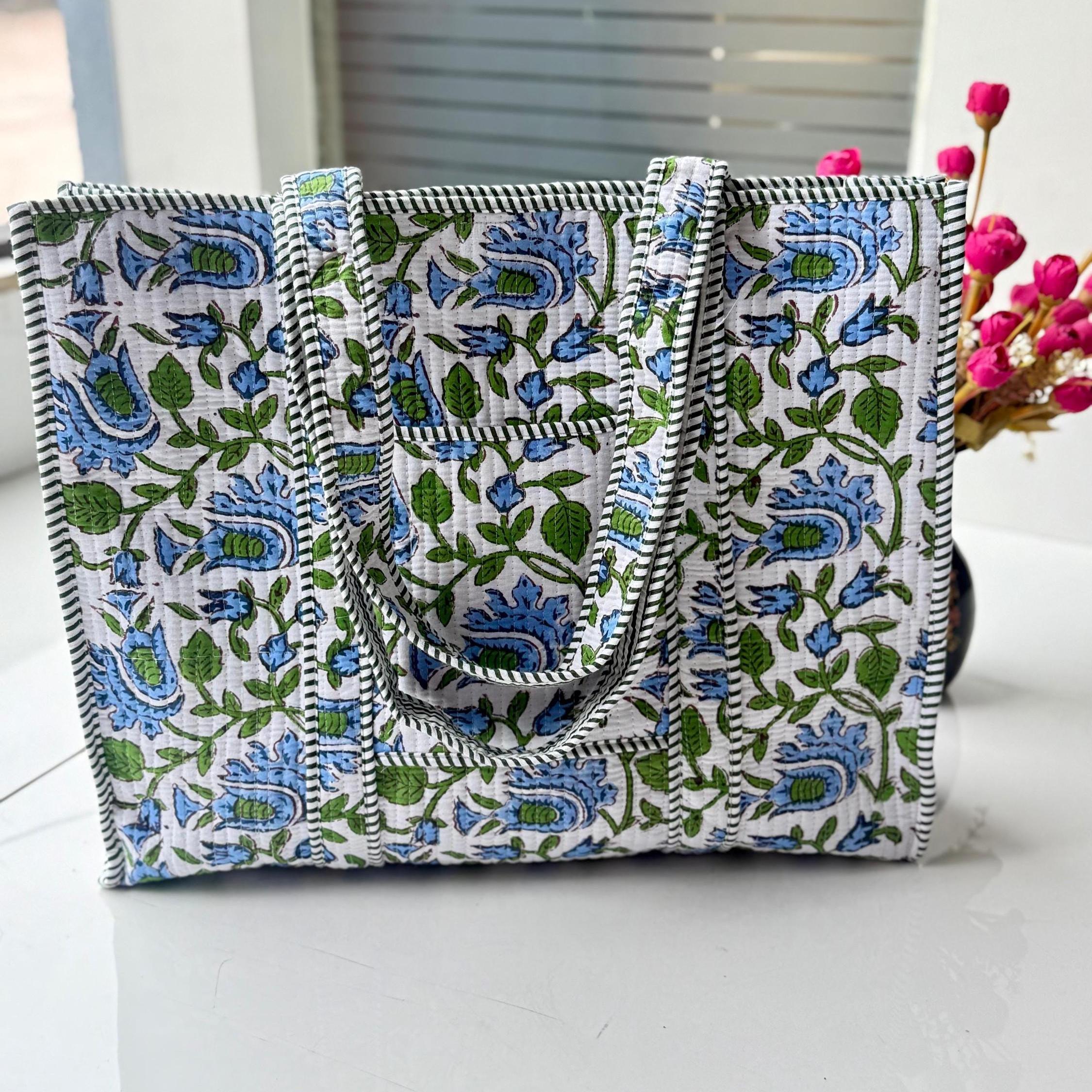 Block Printed Tote Bag, Quilted Hand Luggage Bag, Eco Friendly ...