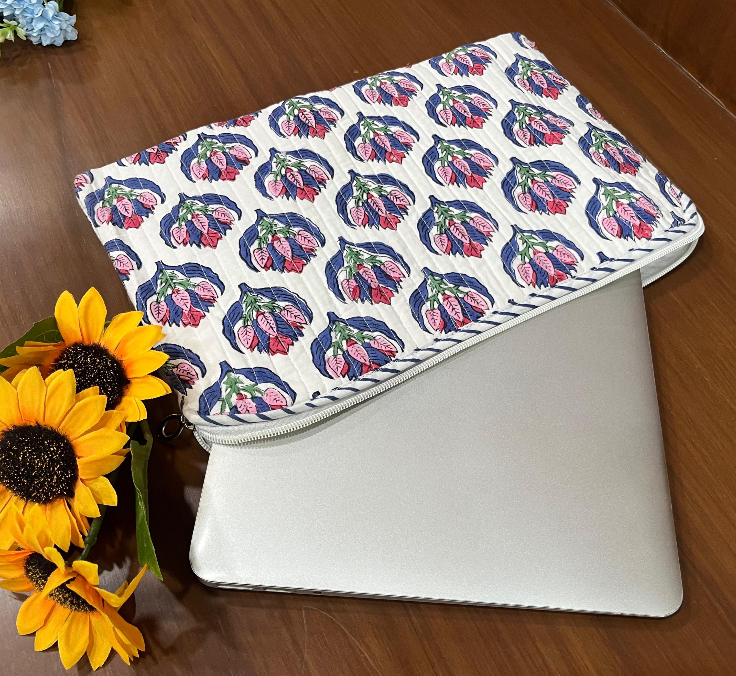 Block Print Floral Laptop Bag, Boho Cotton Quilted Computer Cover ...
