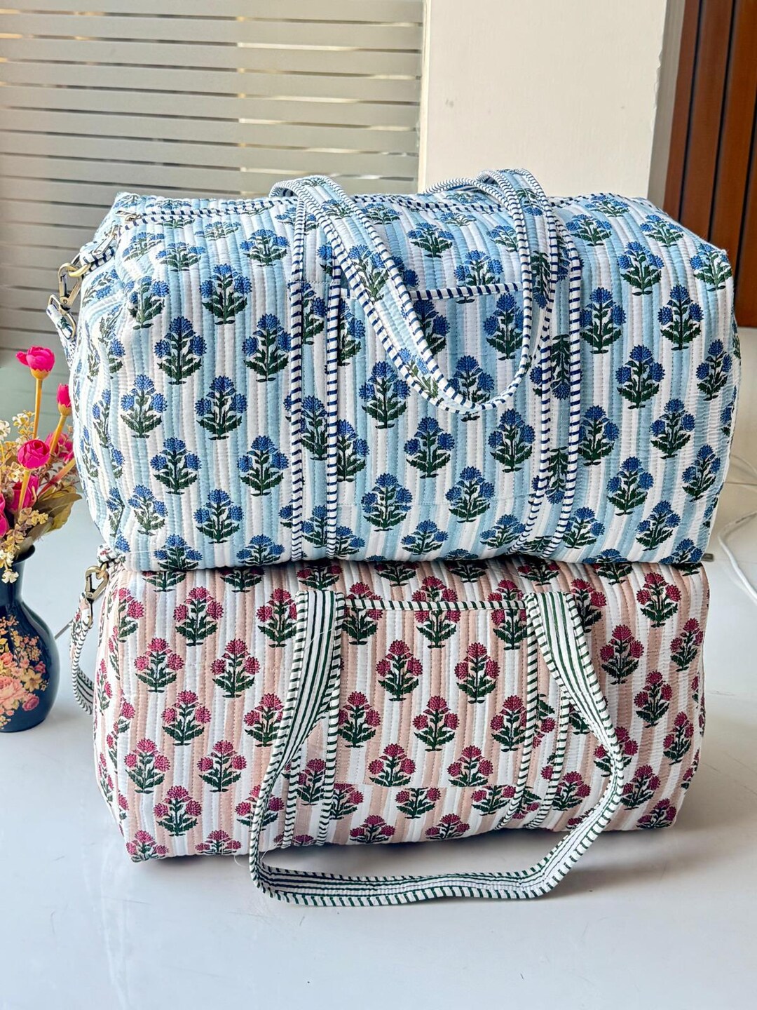 Hand Block Print Cotton Duffle Bag, Quilted Boho Weekender Bag for ...