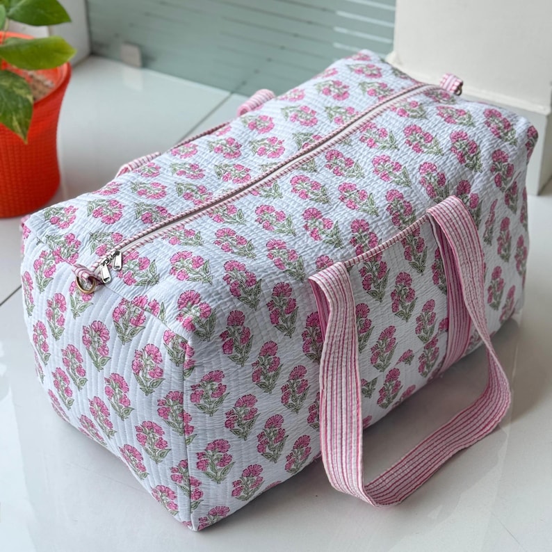Hand Block Print Cotton Duffle, Women's Weekender Bag, Quilted Boho ...