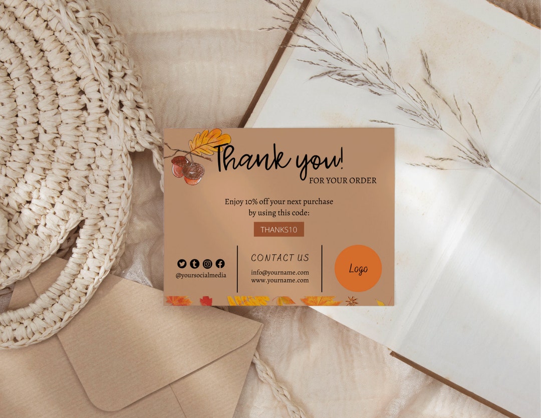 Autumn Thank You Card, Fall Business Card for Packaging Inserts, Thank ...