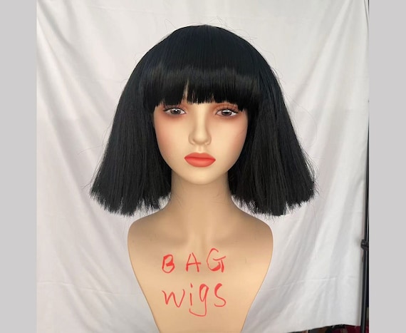 Short black wig halloween costume store
