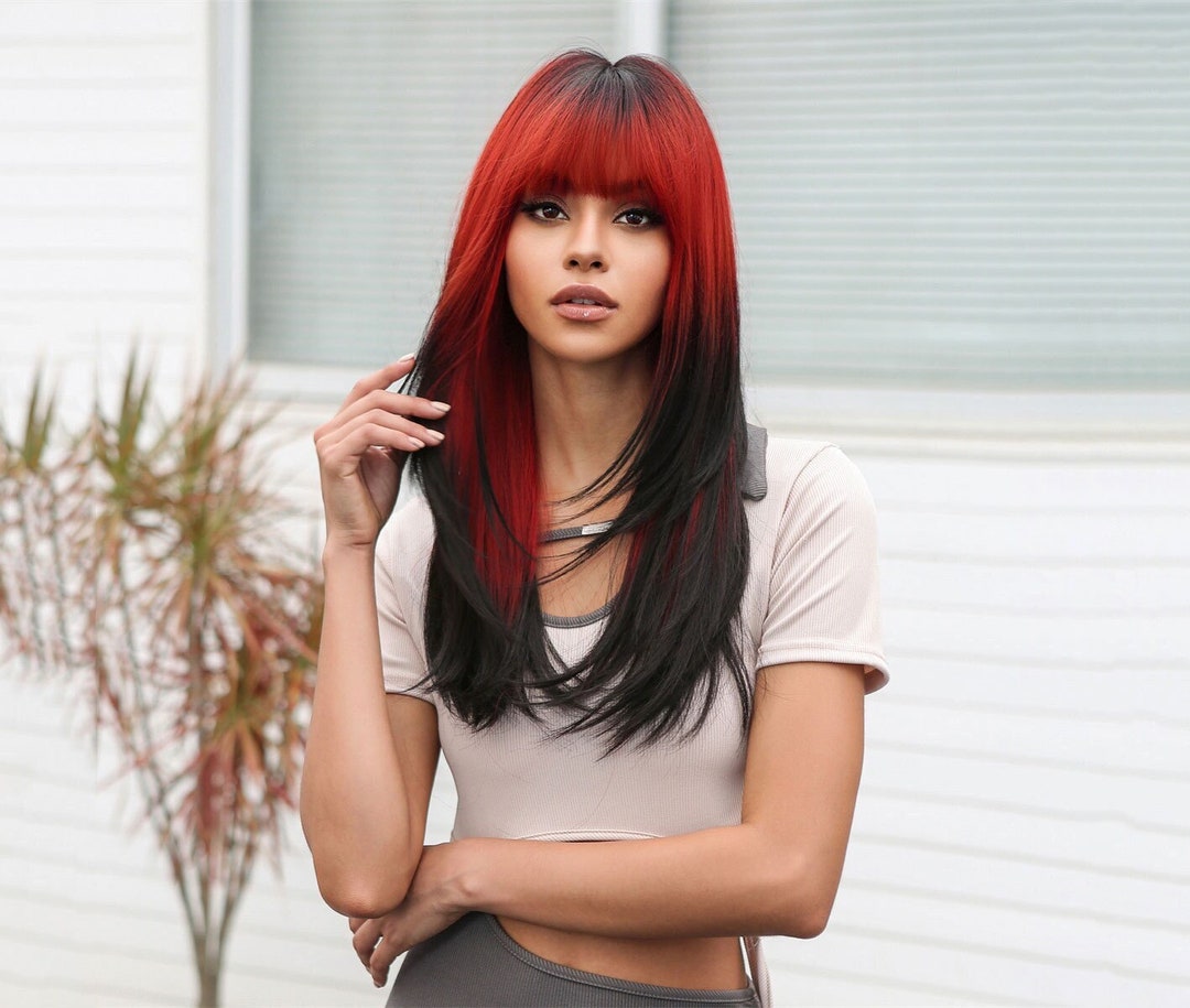 Long Synthetic Wigs With Bangs Red Black Two Tone Wig for - Etsy
