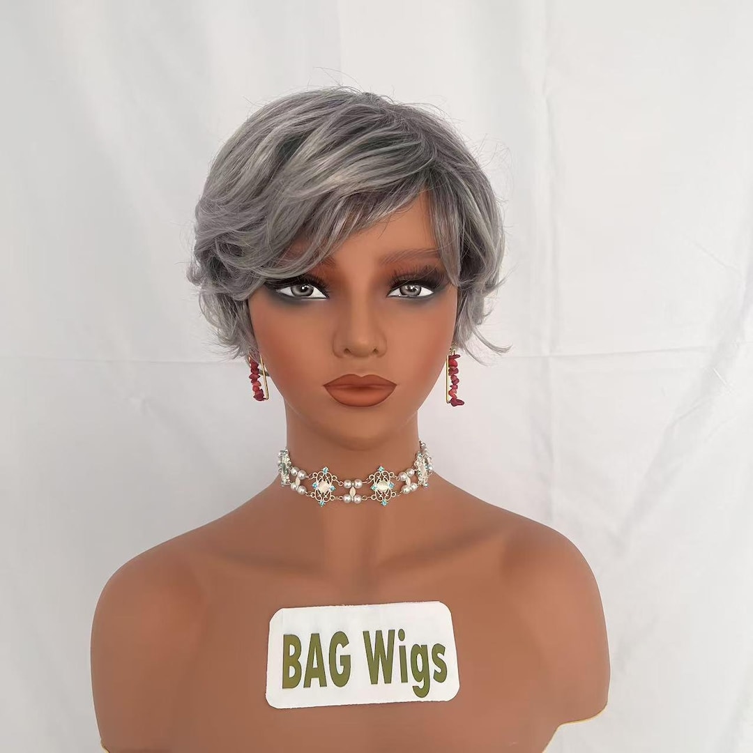 Silver Gray Pixie Wig: Short Wavy Curly Synthetic Wig With Bangs for ...