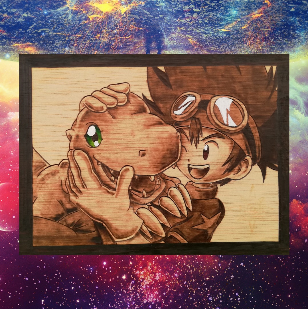 Anime Pyrography Painting in Wood Digimon Augmon Tai Painting Wall ...
