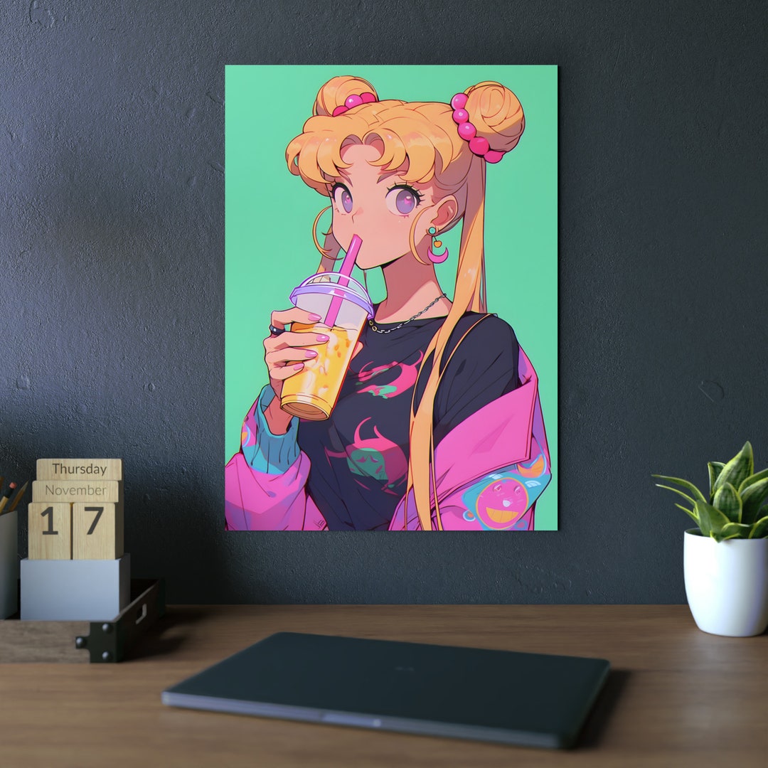 Pastel Boba Metal Wall Art, 90s Retro Anime Lofi Aesthetic Kawaii Art ...