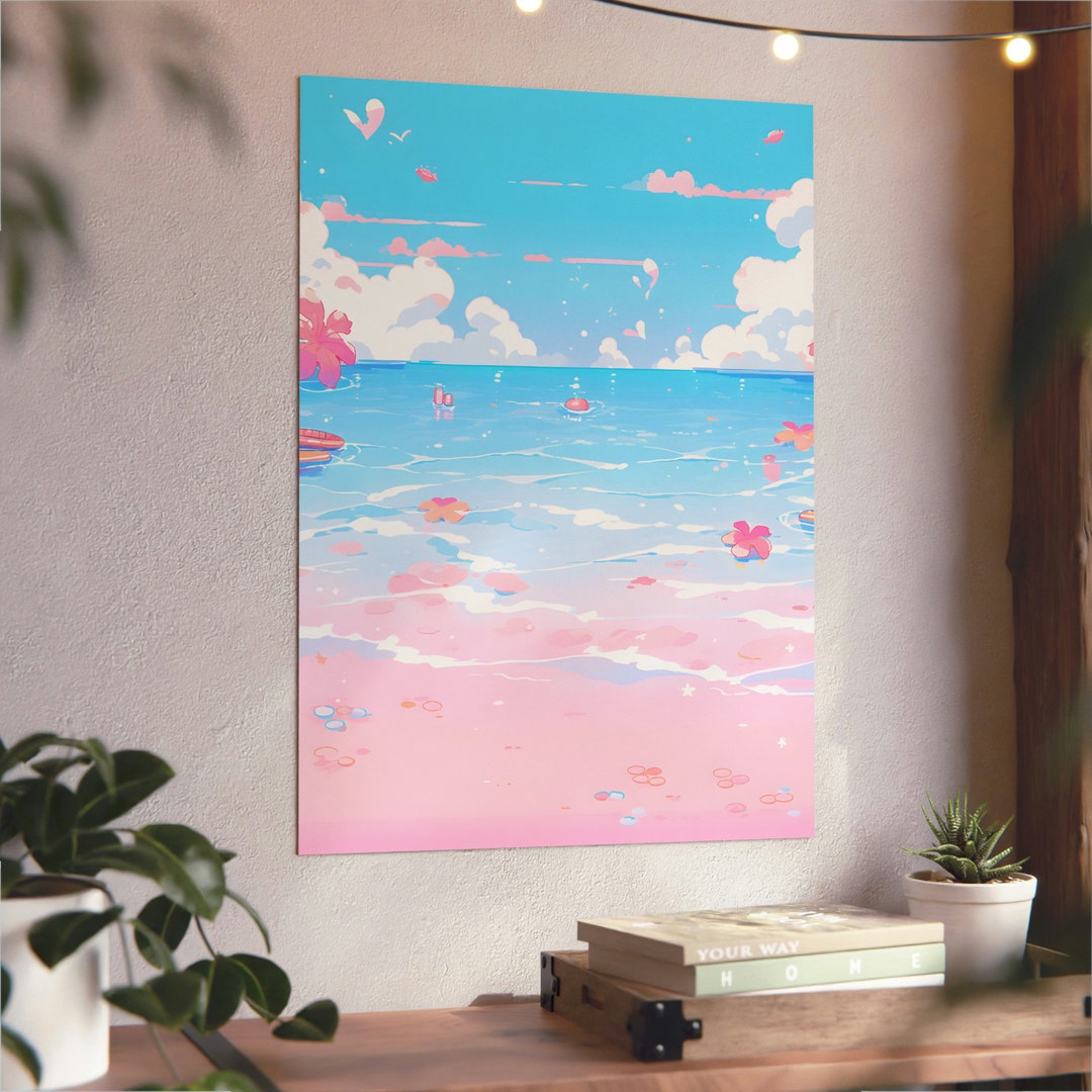 Pixel Pink Beach Metal Wall Art, Anime Lofi Aesthetic, Kawaii Landscape ...