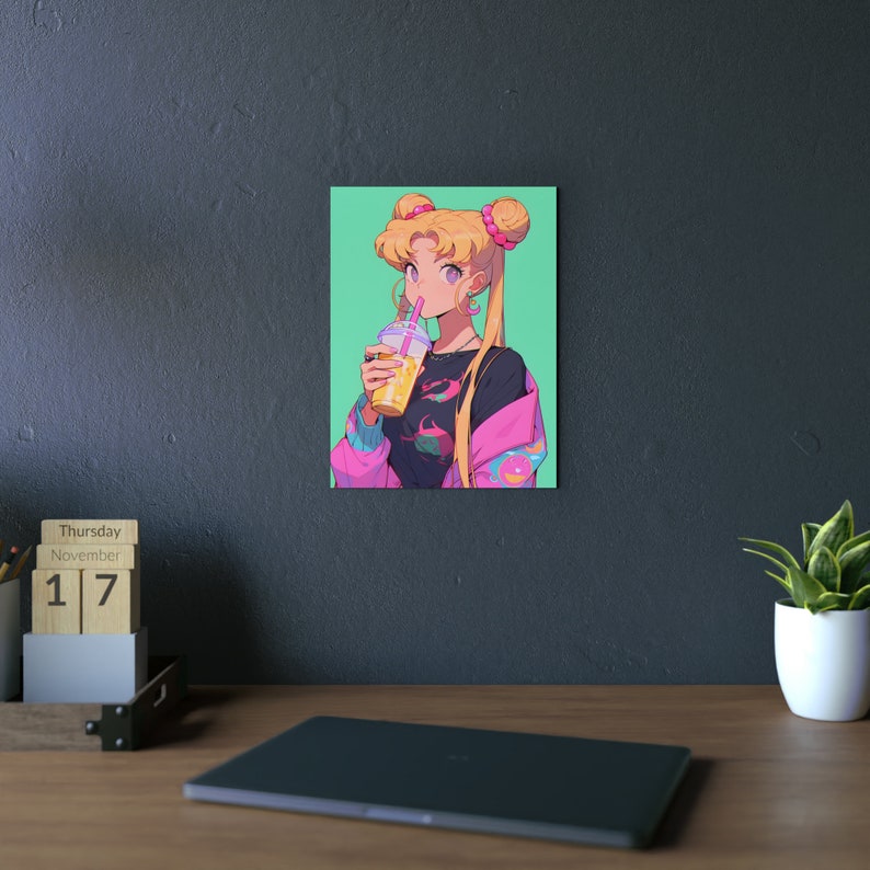 Pastel Boba Metal Wall Art, 90s Retro Anime Lofi Aesthetic Kawaii Art ...