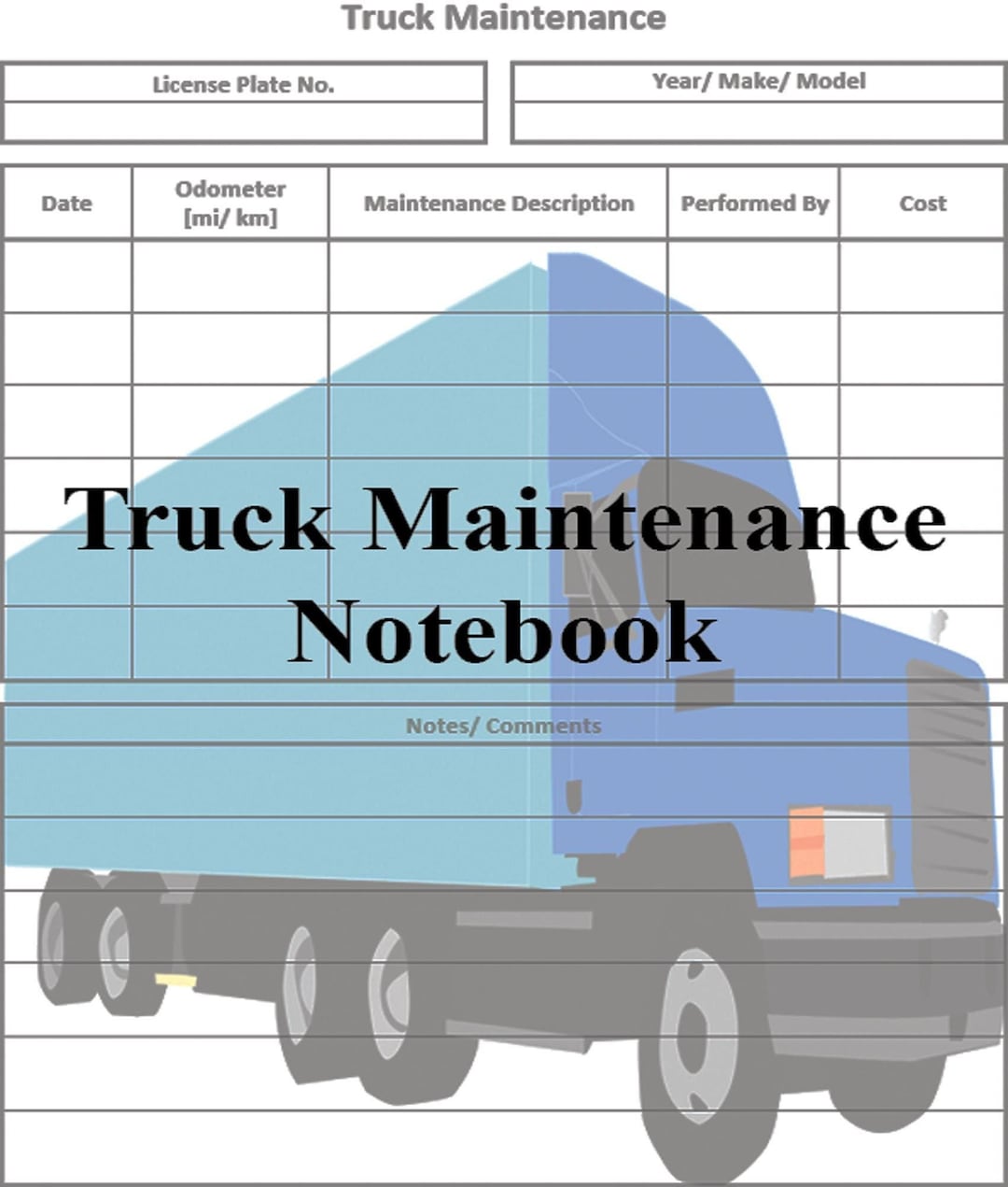 Truck Maintenance Notebook, Printable Downloads Truck, Truck Digital ...