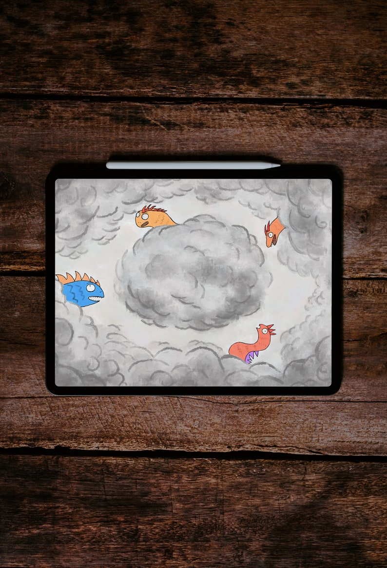 Flying Monsters Digital Wallpaper, Cute Giant Creature Fight Doodle ...