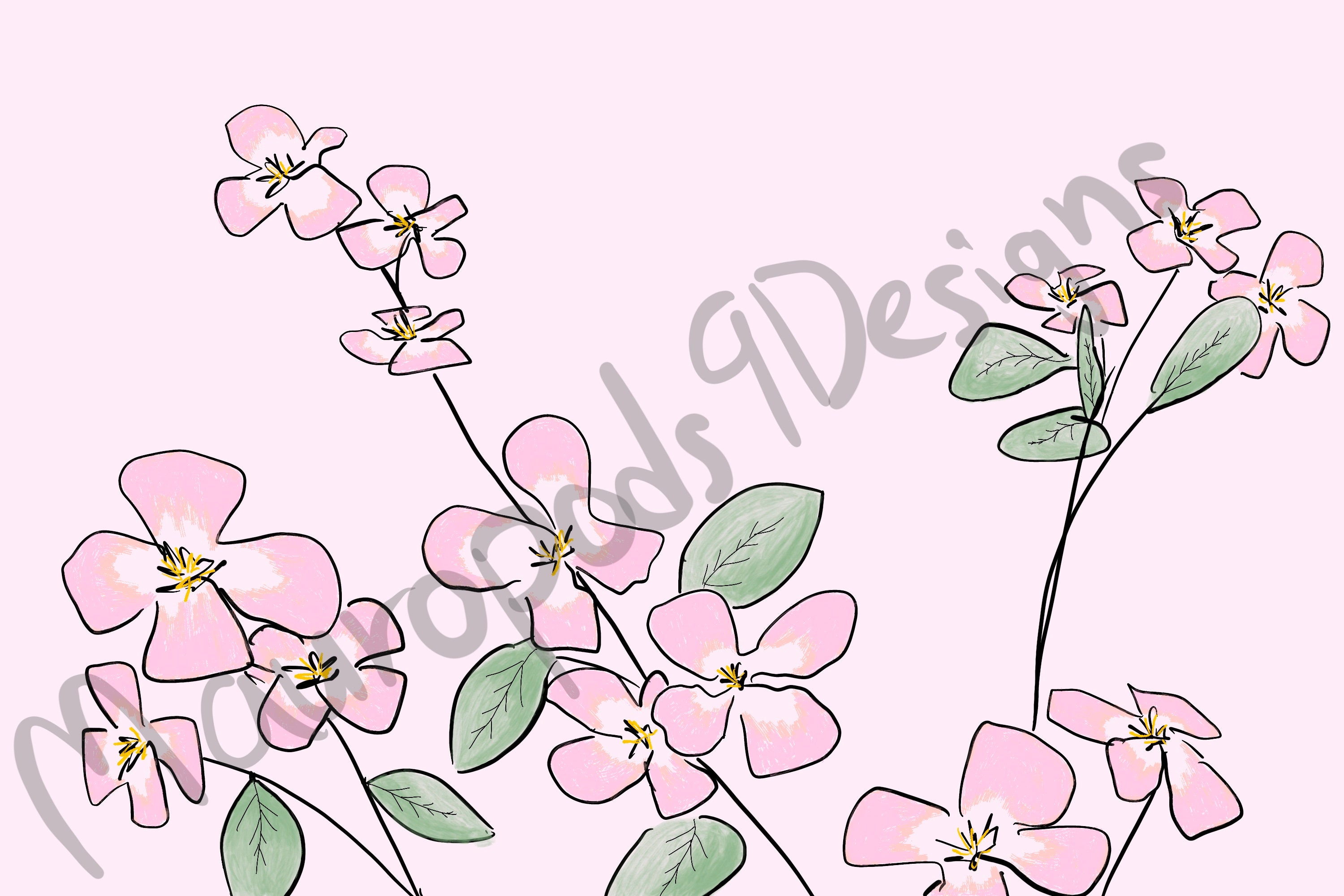 Pink Flower Doodle, Minimal Flower & Leaves Digital Wallpaper, Pastel ...