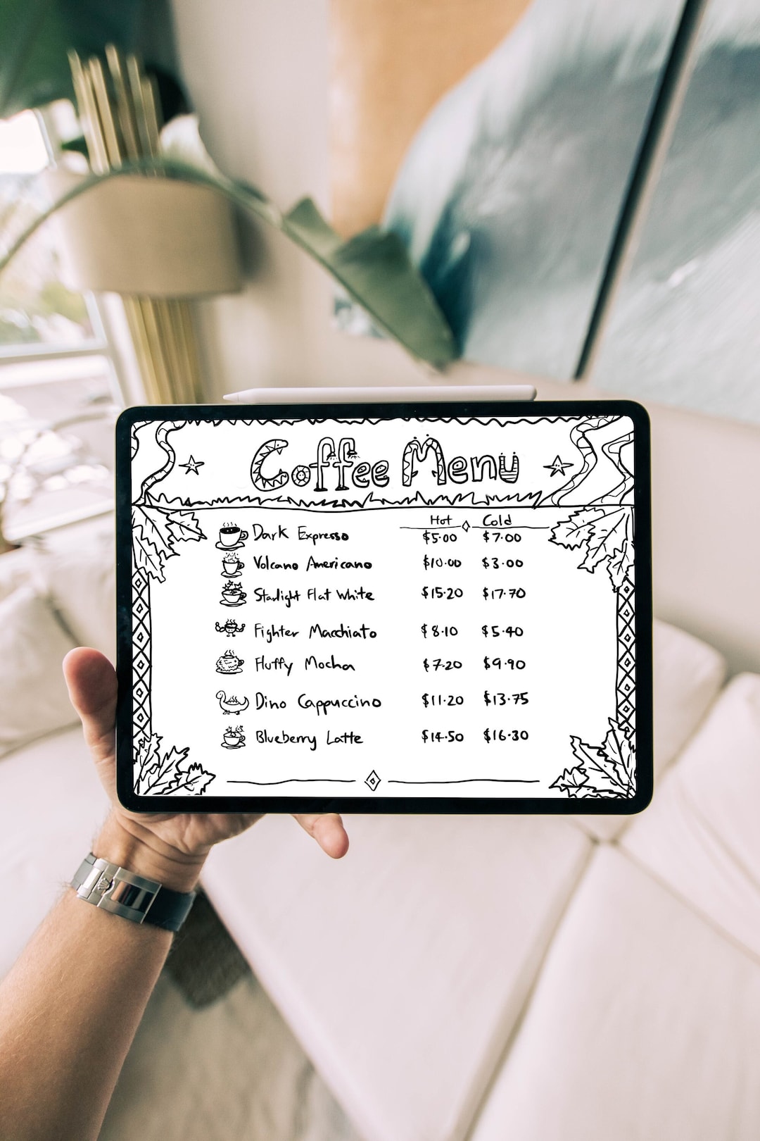 Random Coffee Menu Doodle, Black and White Digital Wallpaper, Unique ...