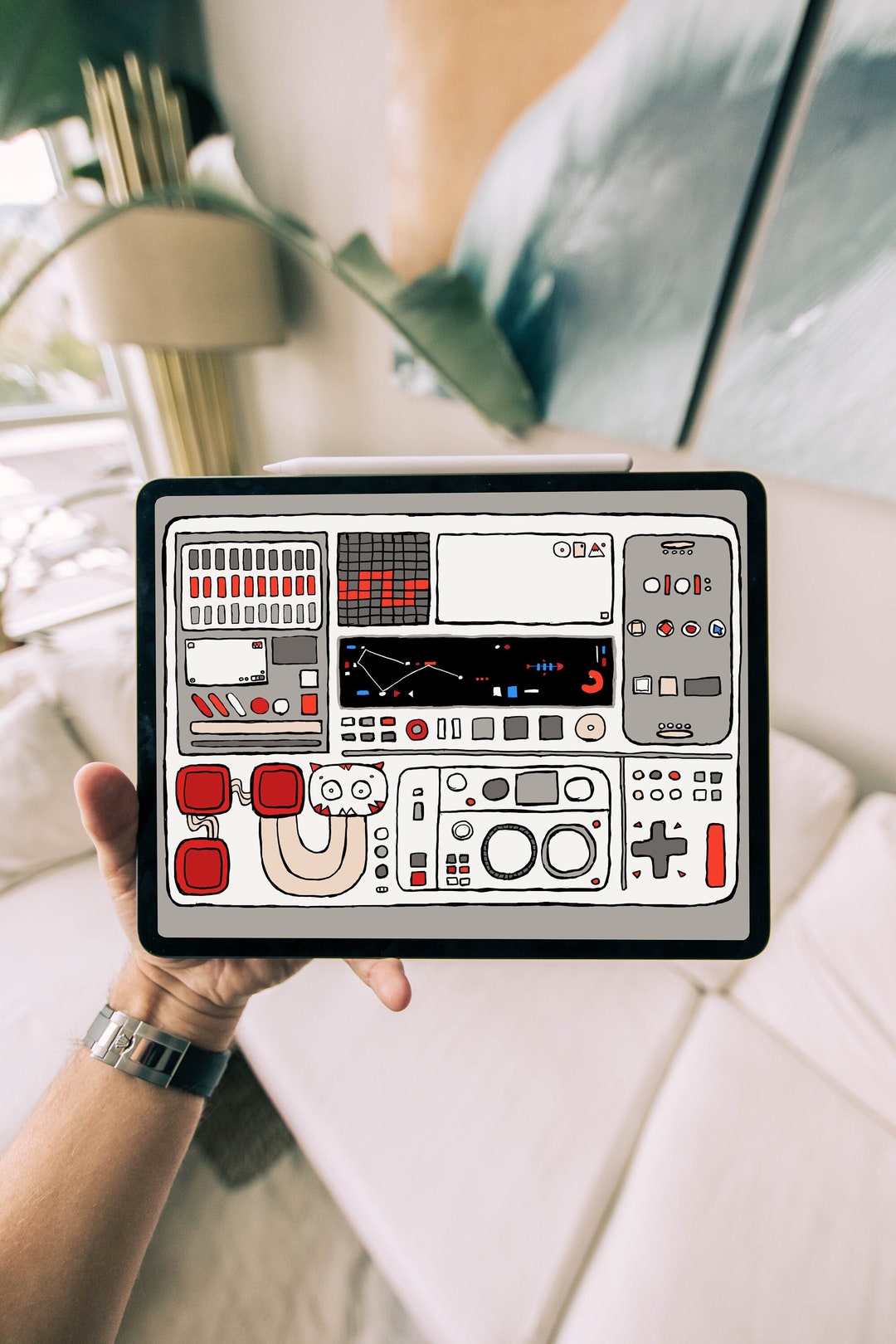 Random Product Design Doodle Wallpaper, Hand-drawn Digital Doodle, Red White Grey Picture, Music ...