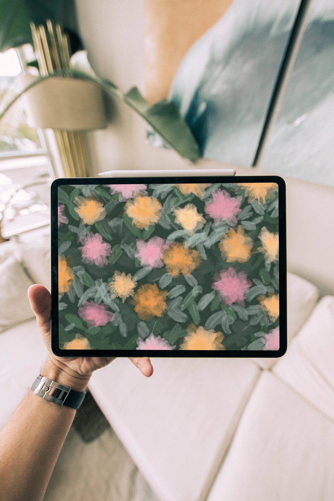 Flower Wall Digital Wallpaper, Cozy Abstract Yellow Pink Green Painting ...