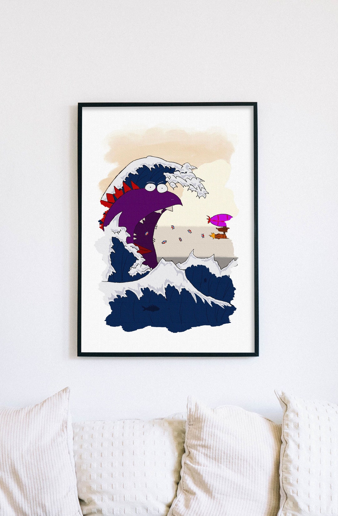 Giant Sea Monster Wall Art Decor, Colourful Fun Airship Fantasy Artwork ...