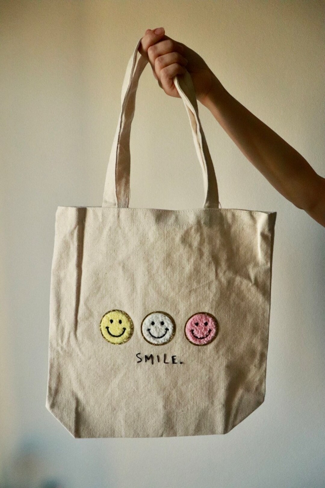 Hand Embroidered Canvas Tote Bag Smiley Face - Etsy