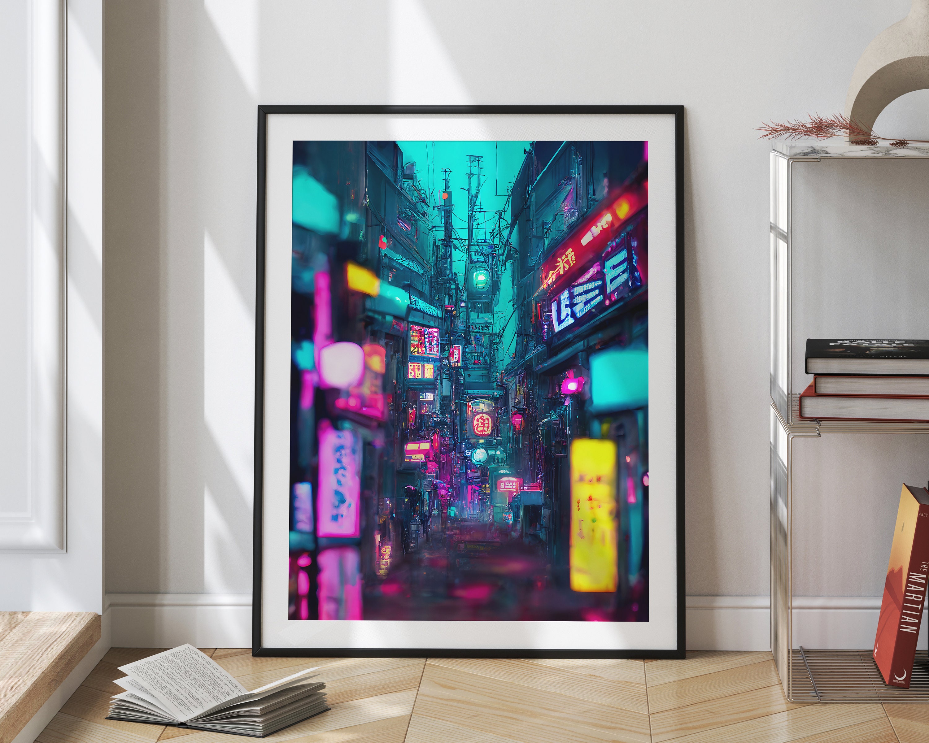 Cyberpunk Print Surreal Futuristic Japanese Street With Cyan - Etsy