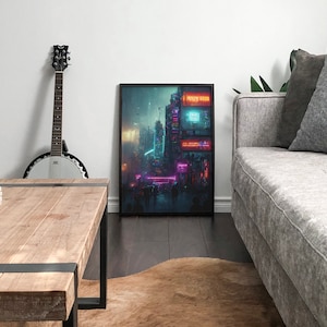 Cyberpunk Print | Futuristic Street With Purple Cyan Neon Lights Art ...