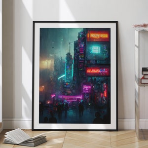 Cyberpunk Print | Futuristic Street With Purple Cyan Neon Lights Art ...