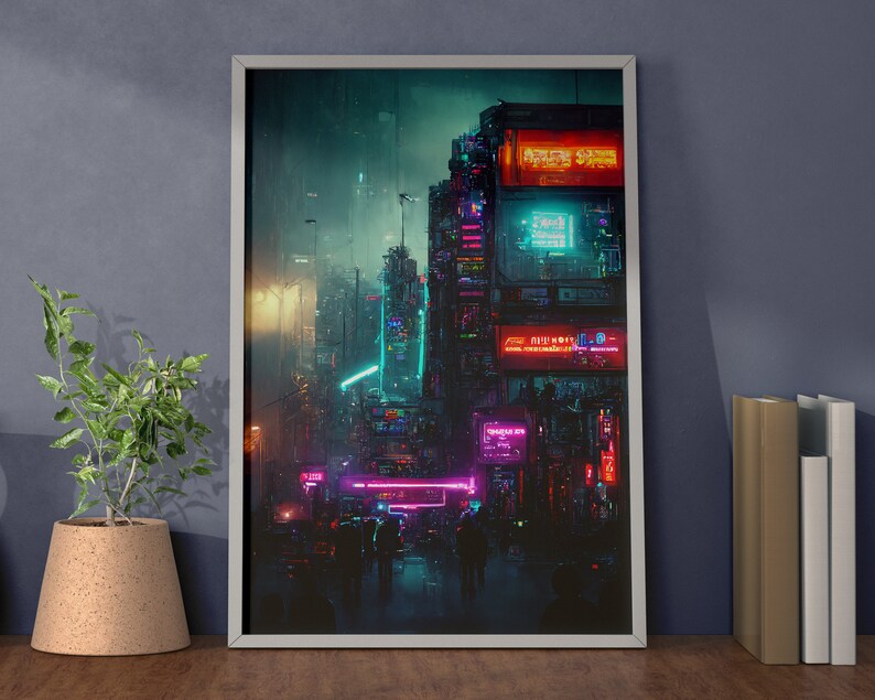 Cyberpunk Print Futuristic Street With Neon Lights Gaming - Etsy
