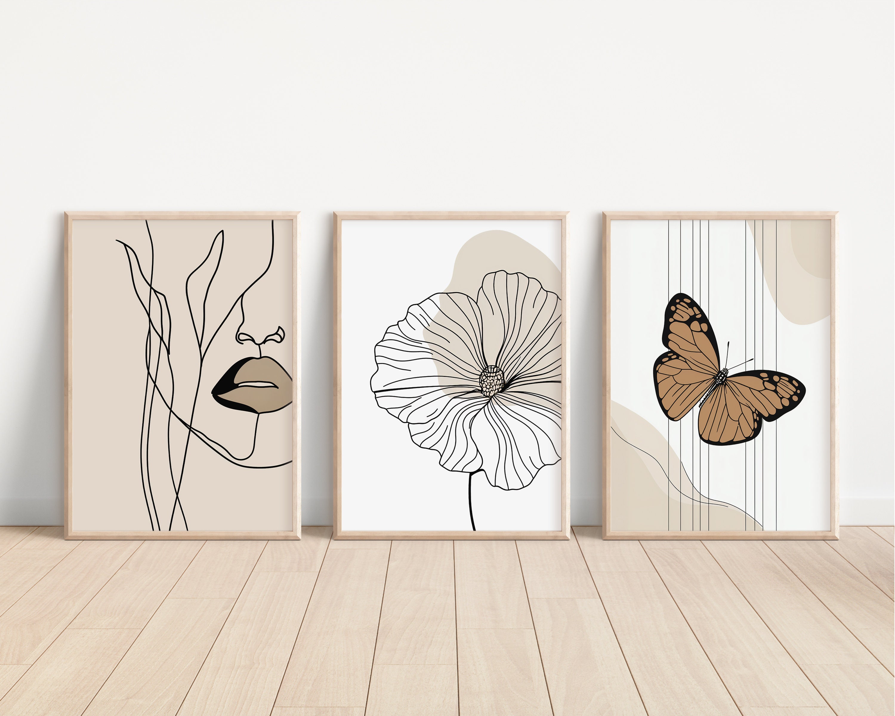 Minimalist Line Art Print Set | Beige Botanical Drawing, Ready to Hang ...