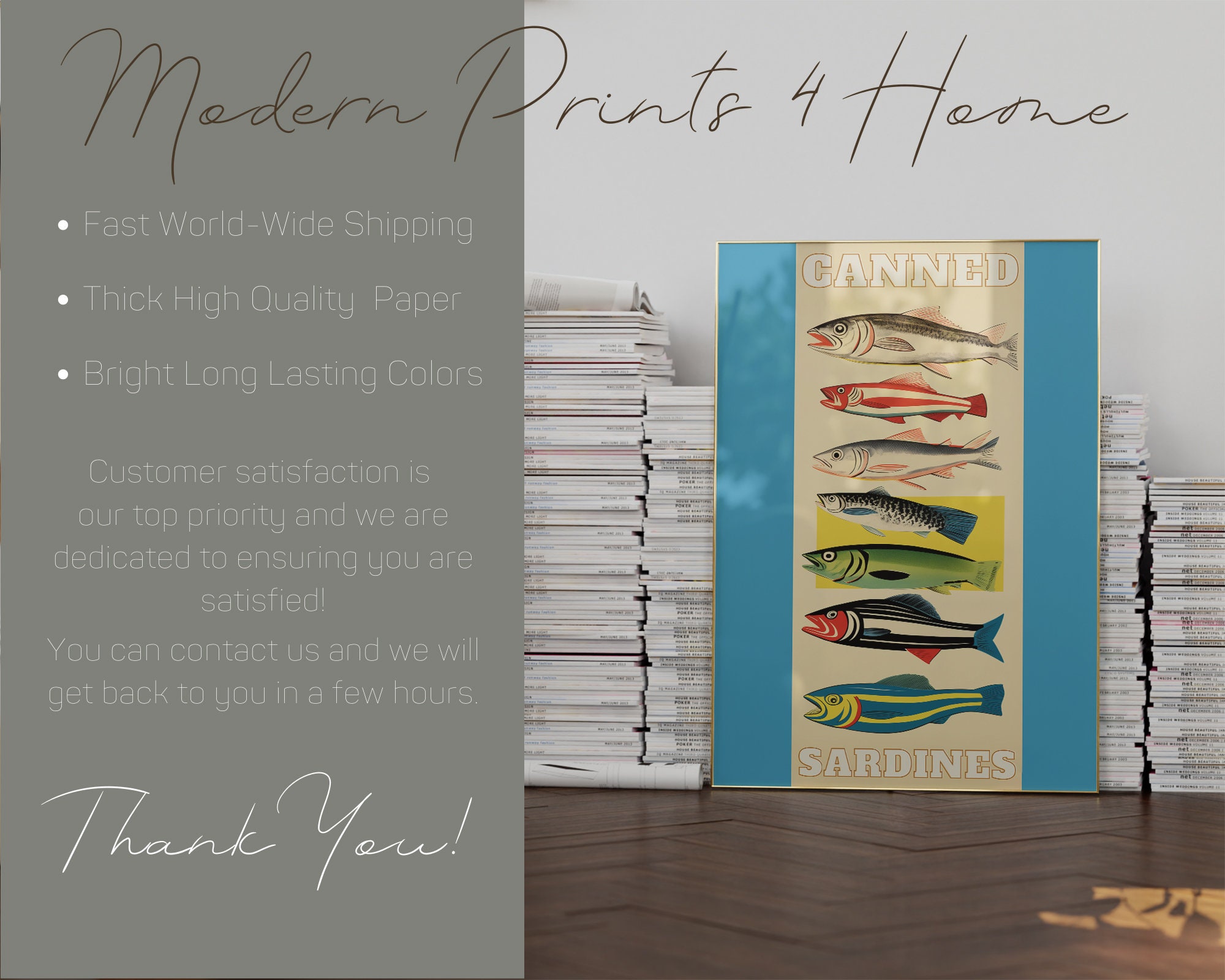 Funky Sardines Collage Art Print | Retro Kitchen Wall Decor, Framed ...