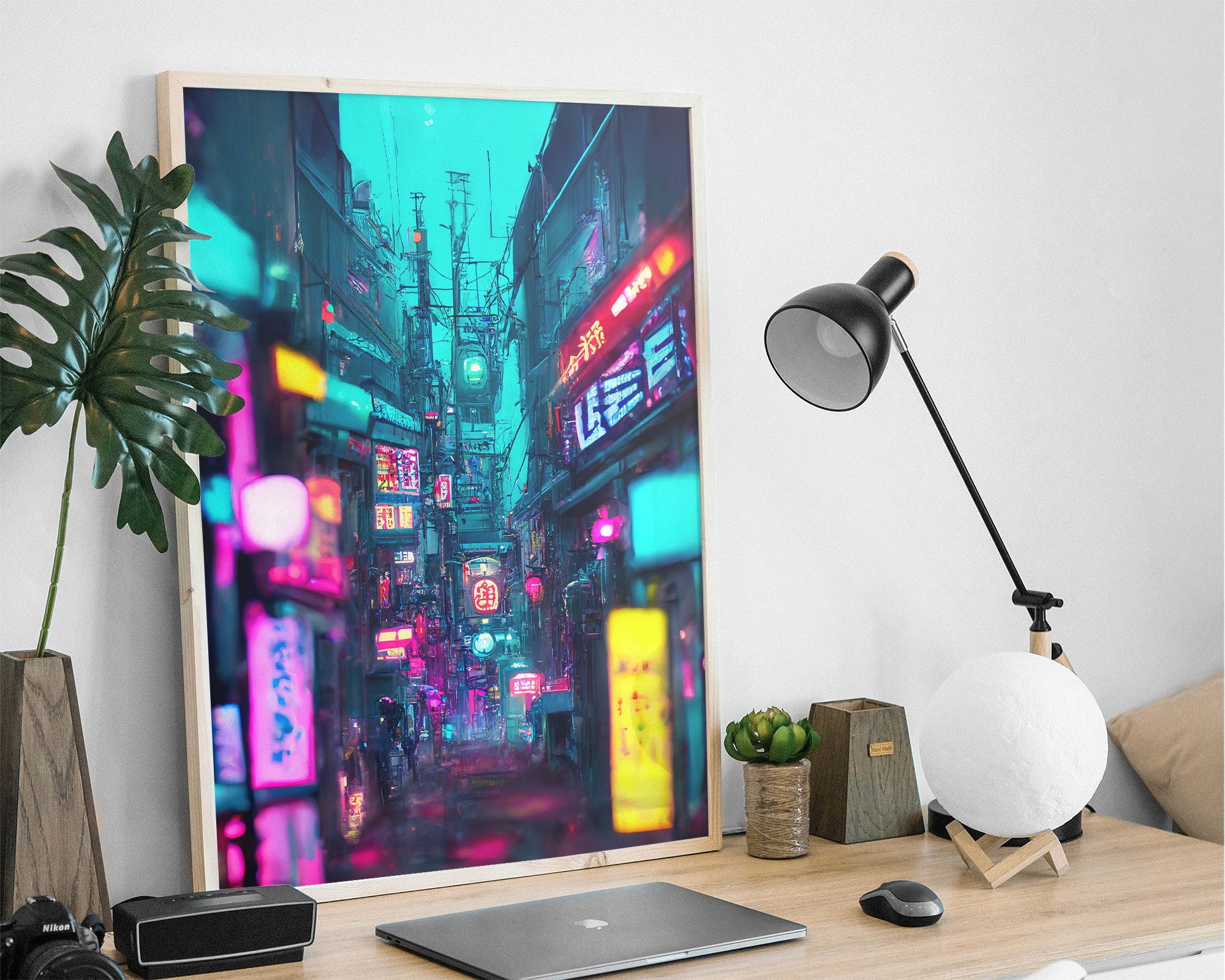 Cyberpunk Print Surreal Futuristic Japanese Street With Cyan - Etsy
