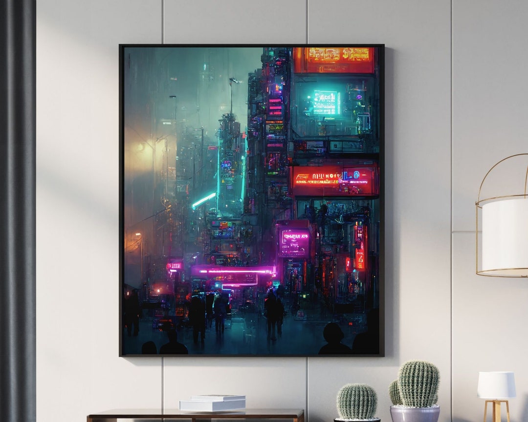 Cyberpunk Print | Futuristic Street With Purple Cyan Neon Lights Art ...