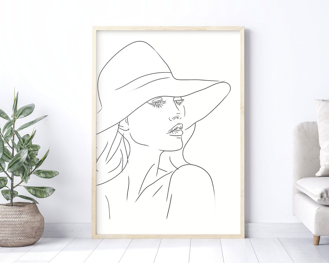 Minimalist Art Print Woman With Wide Hat Line Drawing Art Large Bedroom ...