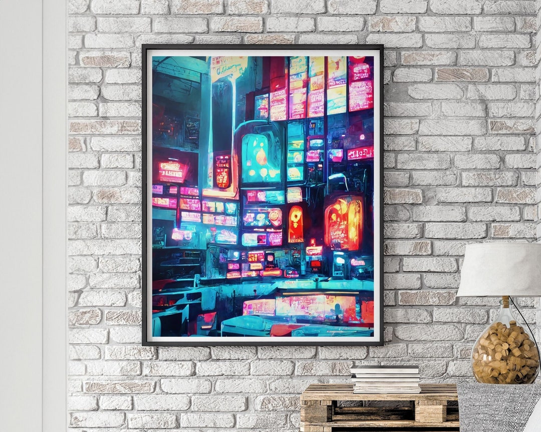 Cyberpunk Print | Futuristic Street With Neon Cyan Lights Sci Fi Wall ...