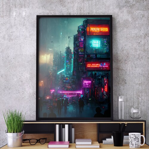 Cyberpunk Print Futuristic Street With Neon Lights Gaming - Etsy