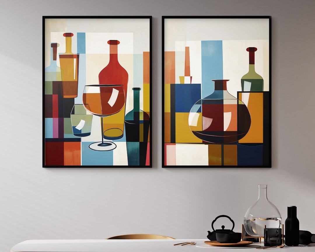 Modern Kitchen Art Colorful Mid Century Funky Bottles Cocktail Art ...