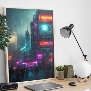 Cyberpunk Print Futuristic Street With Purple Cyan Neon - Etsy