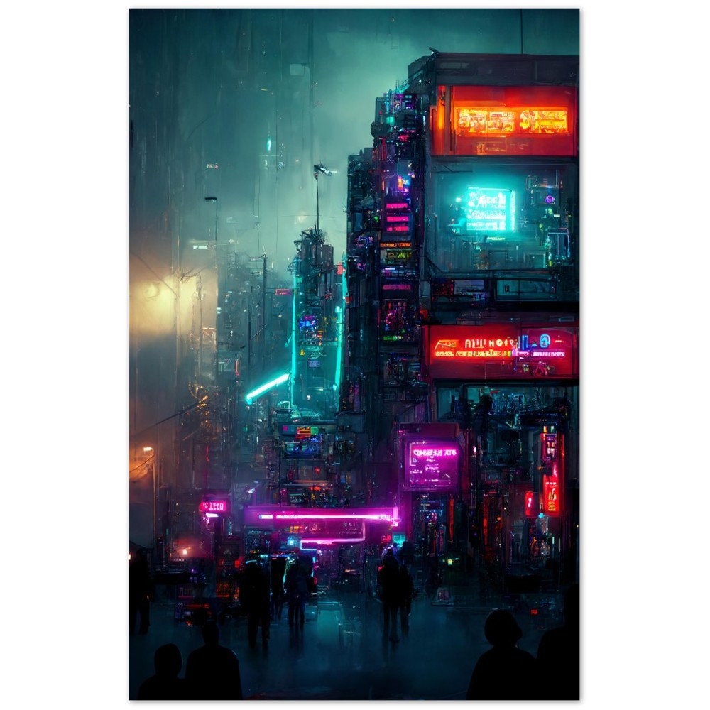 Cyberpunk Print Futuristic Street With Neon Lights Gaming - Etsy