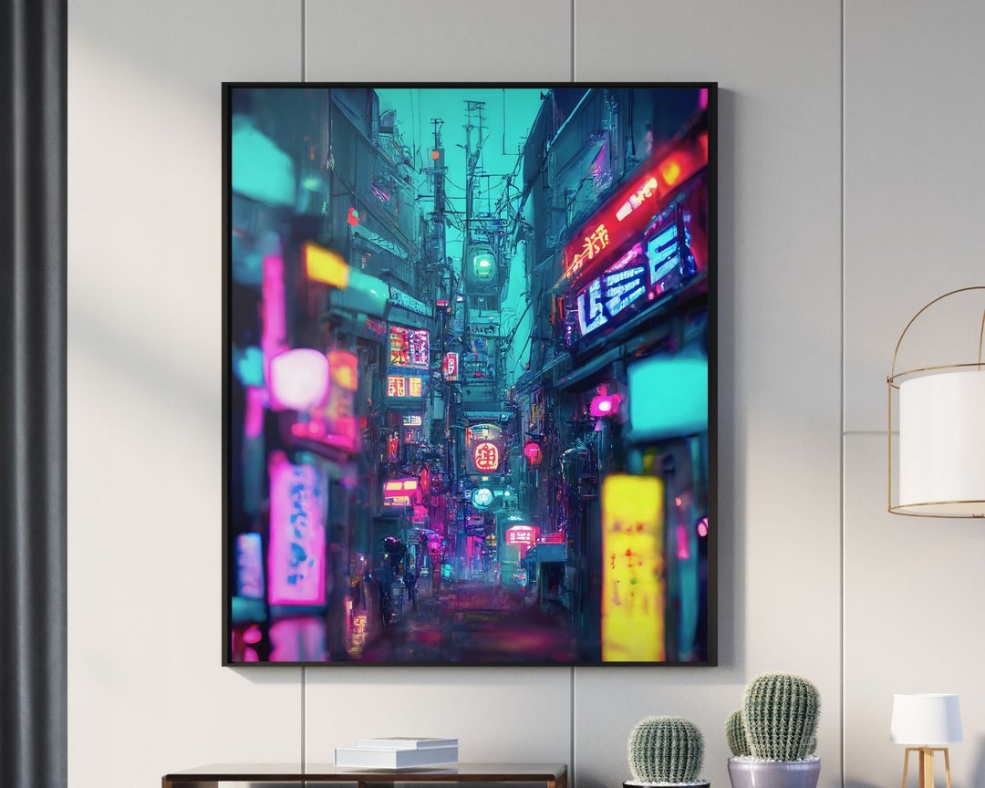 Cyberpunk Print | Surreal Futuristic Japanese Street With Cyan Neon ...