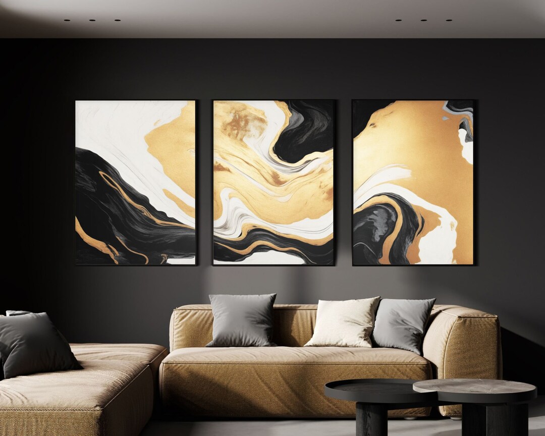 Black, White & Gold Abstract Minimalist Art Prints | 3 Piece Framed ...
