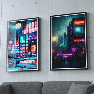 Cyberpunk Print Futuristic Street With Purple Cyan Neon - Etsy