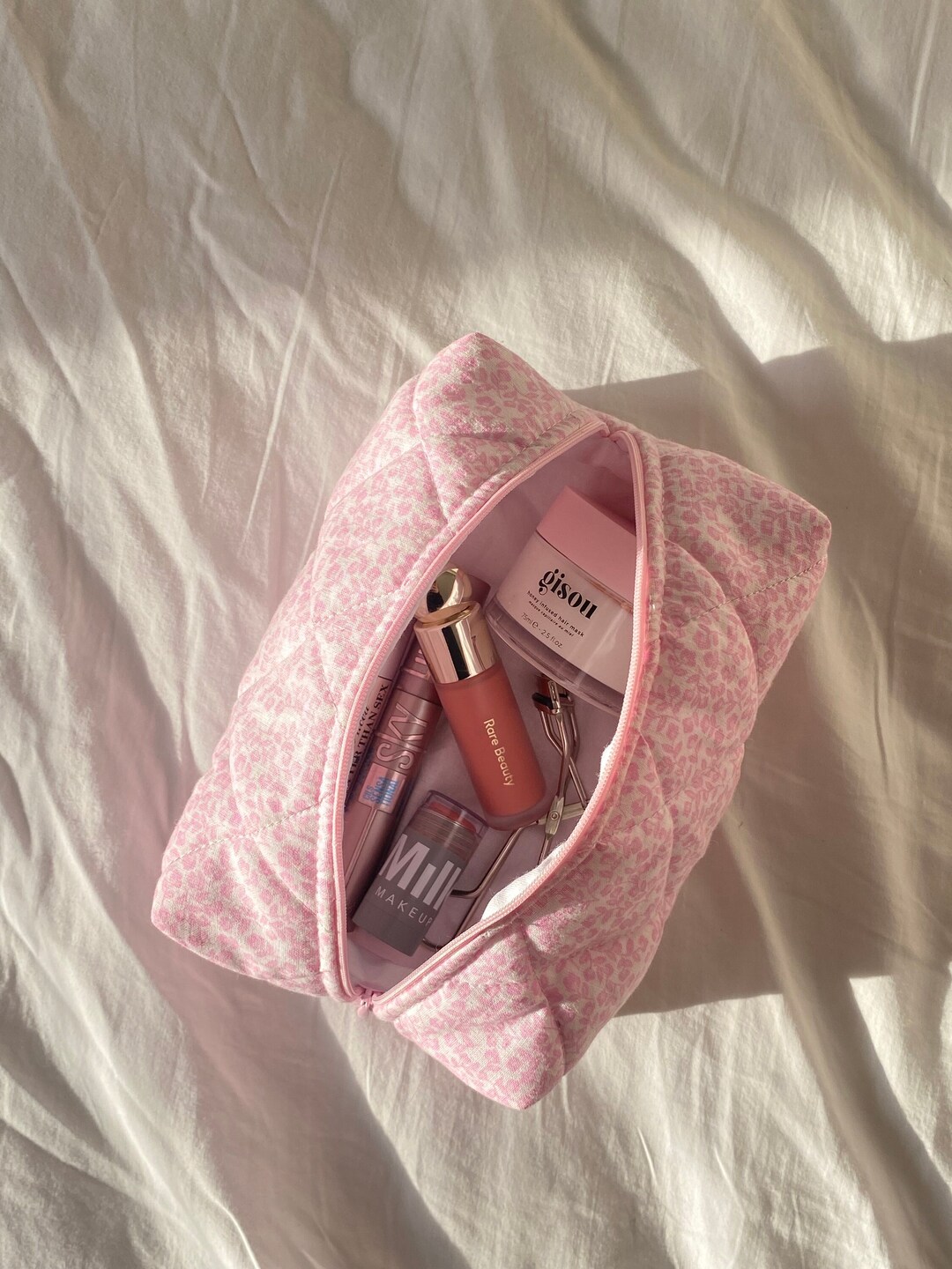 Pink Floral Quilted Makeup Bag: Spacious Travel Cosmetic Pouch - Etsy