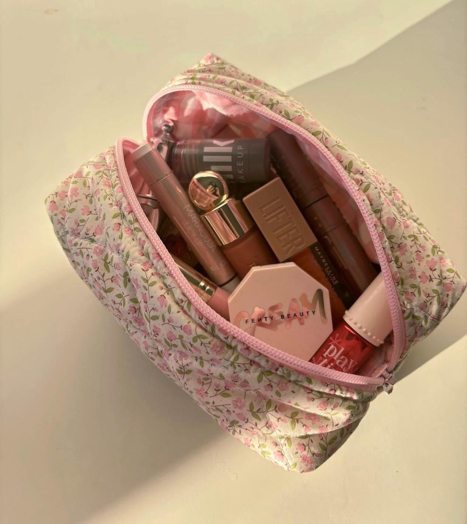 Pink Floral Makeup Bag, Pink, Floral, Cosmetic Bag,quilted Makeup Bag ...