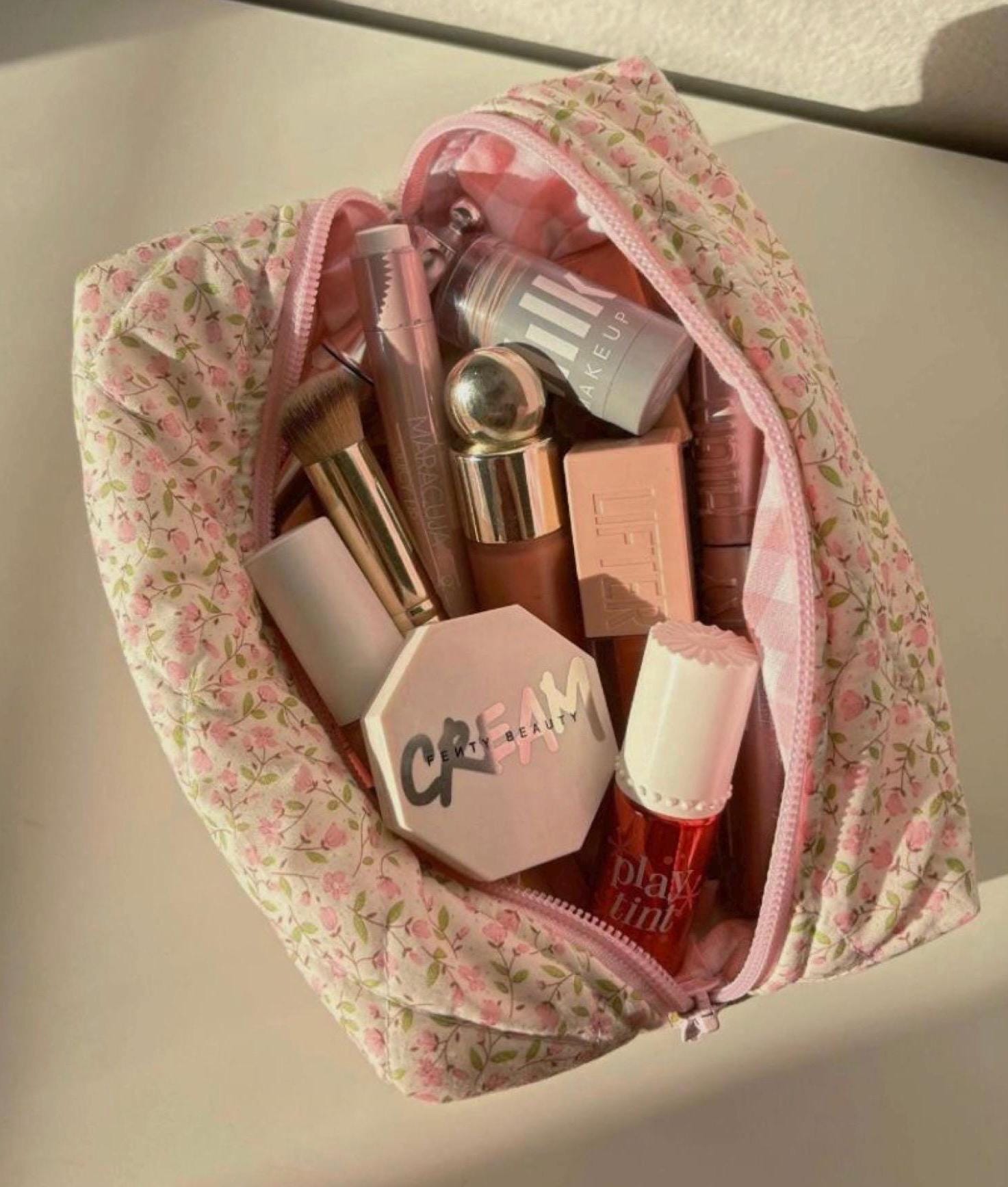 Pink Floral Makeup Bag, Pink, Floral, Cosmetic Bag,quilted Makeup Bag ...