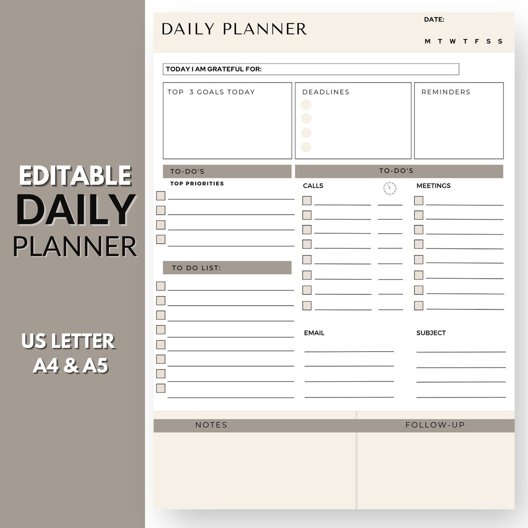 EDITABLE DAILY PLANNER Minimalistic Daily Work Planner to Do List ...