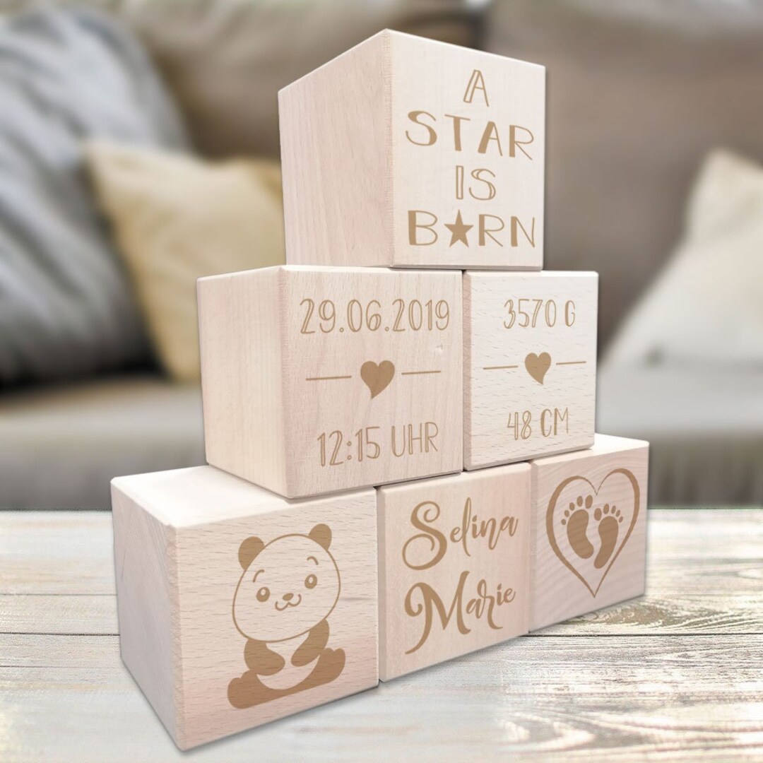 Wooden Cubes for Birth With Names and Dates Individually Engraved in a ...