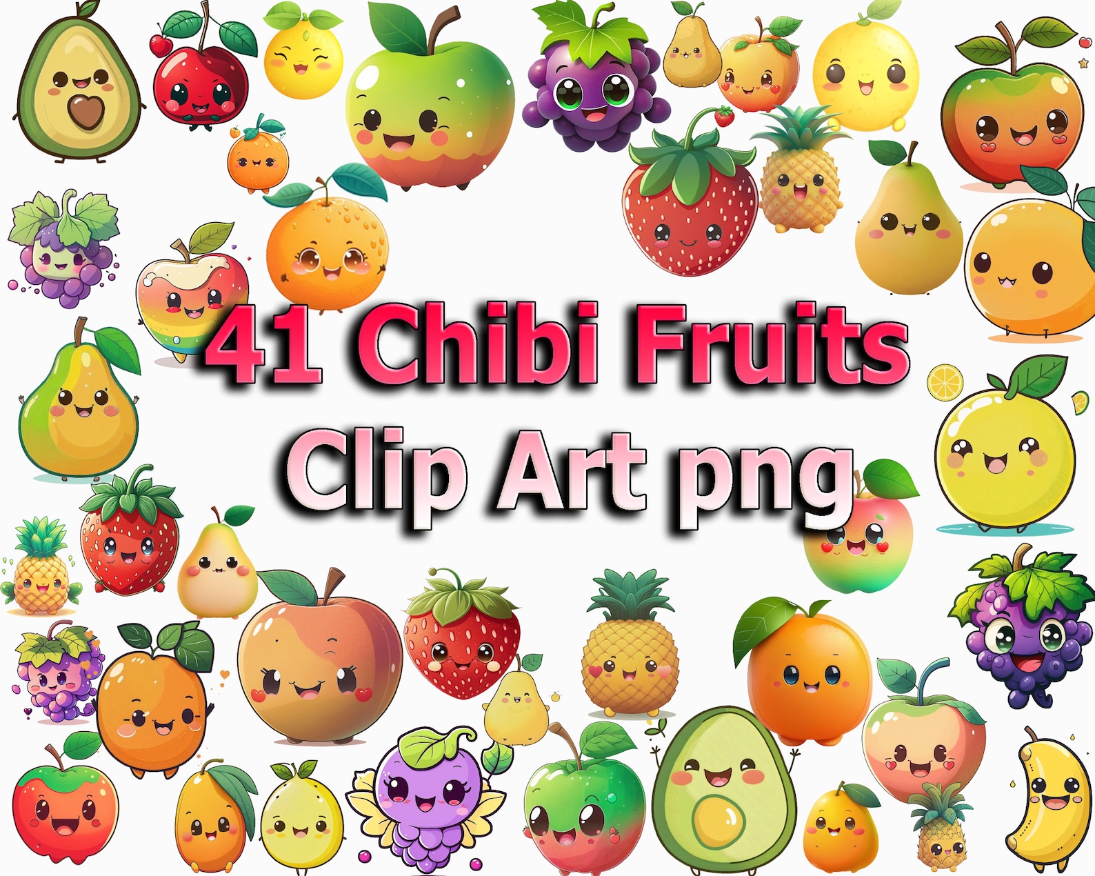 Chibi Fruits Clipart in PNG Format Instant Download for Commercial Use ...