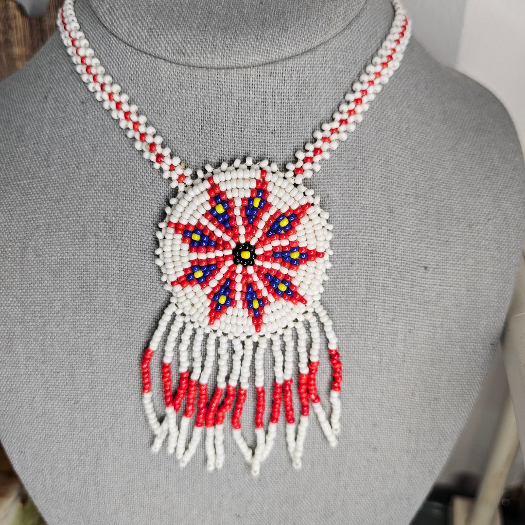 Vintage Native American Beadwork Fringe Necklace Multicolored Seed Bead ...