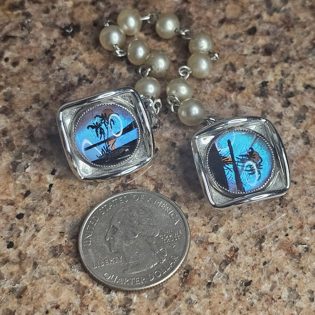 Vintage Morpho Butterfly Wing Reverse Painted Tropical Scene Sweater Clips Faux Pearl Chain - Etsy