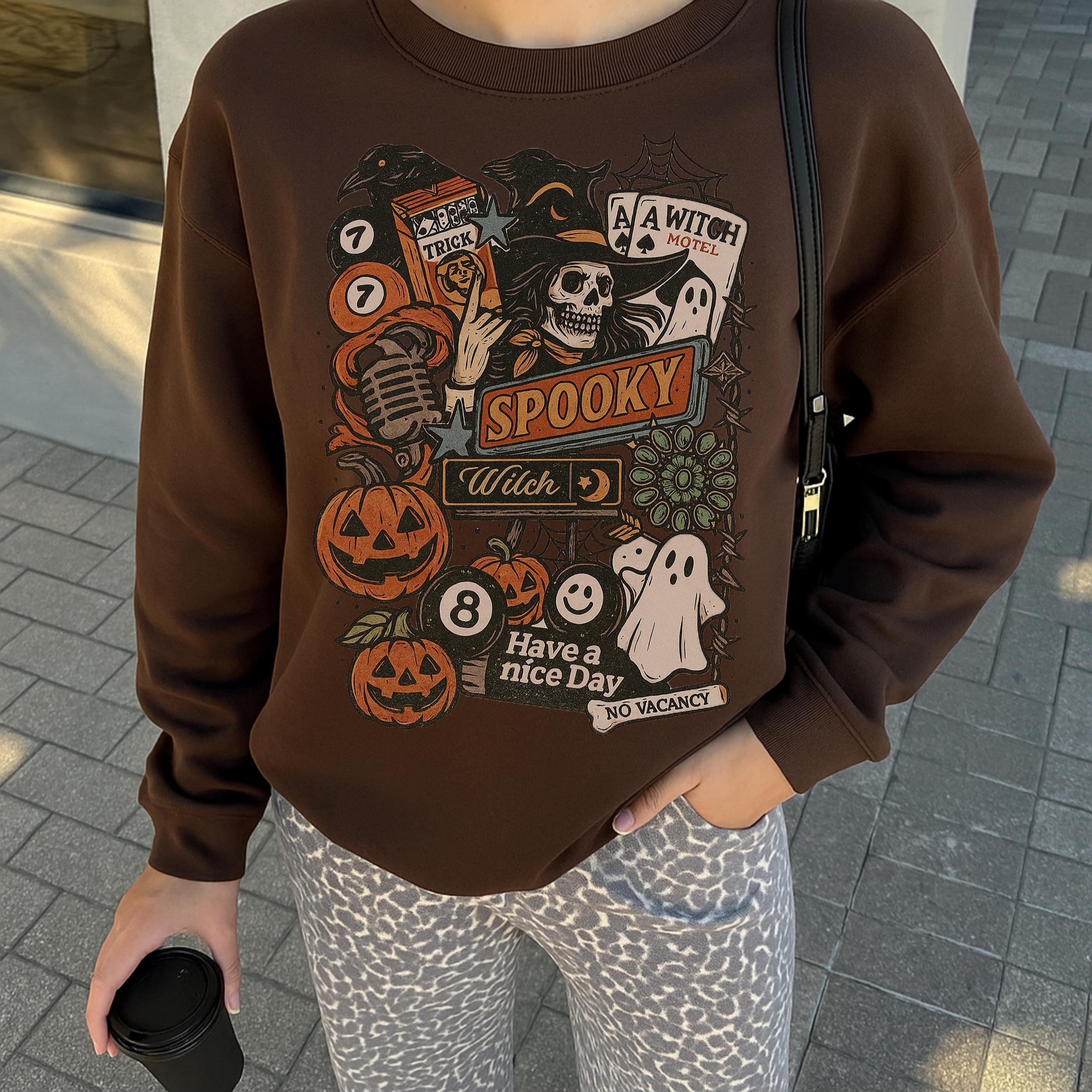 Vintage Halloween Sweatshirt: Spooky Ghost, Witch Graphic Crewneck ...
