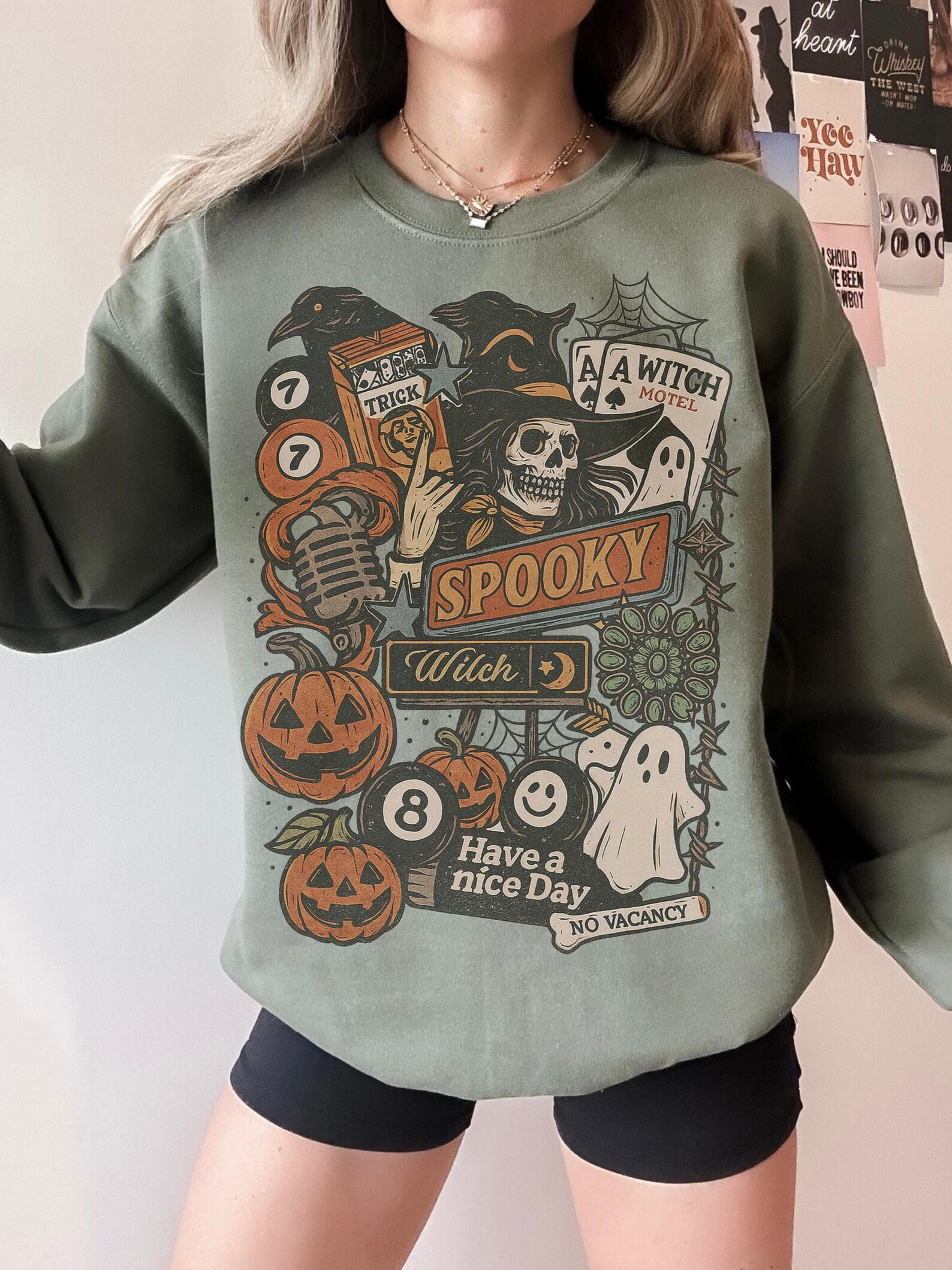 Vintage Halloween Sweatshirt: Spooky Ghost, Witch Graphic Crewneck ...