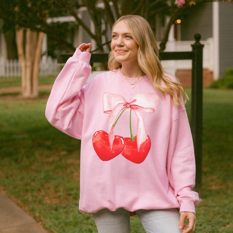 Cherry Bow Sweatshirt Trendy Crewneck Cottagecore Clothing Graphic ...
