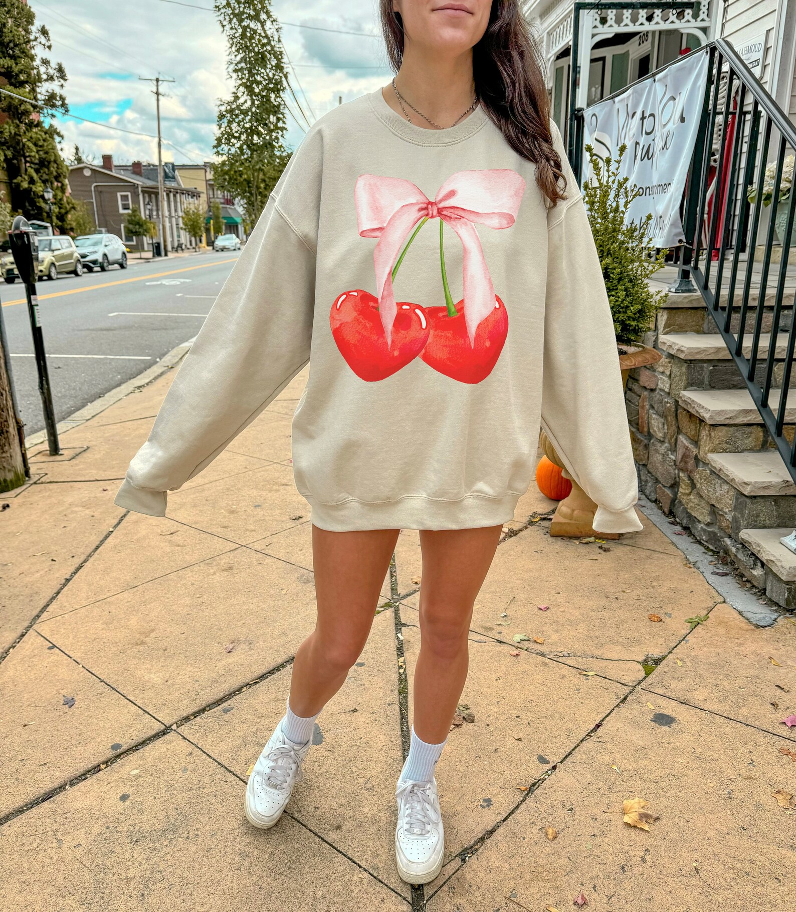 Cherry Bow Sweatshirt Trendy Crewneck Cottagecore Clothing Graphic Sweatshirt Oversized Vintage ...